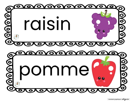 Mots étiquettes fruits, CE1, CP, MS et GS, Affiches, Écriture - Edigo