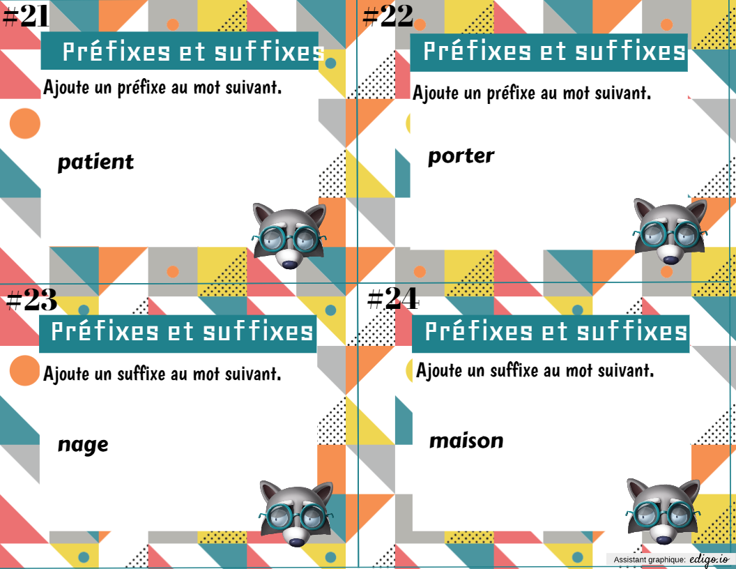 Préfixes et suffixes, 4e année, Cartes à tâche, Grammaire - Edigo