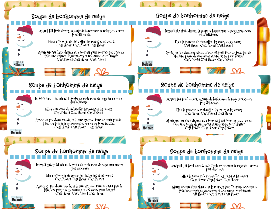 Étiquettes "soupe de bonhomme de neige", 6e année, 5e année, 4e année ...