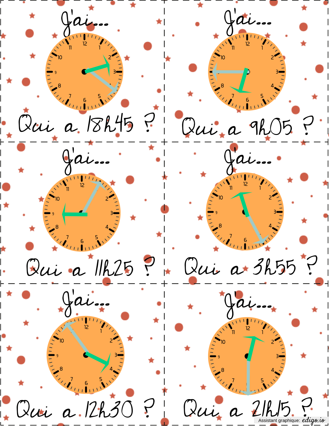 J'ai... qui a? heures 5, CE2, CE1, Cartes de jeu, Algèbre - Edigo