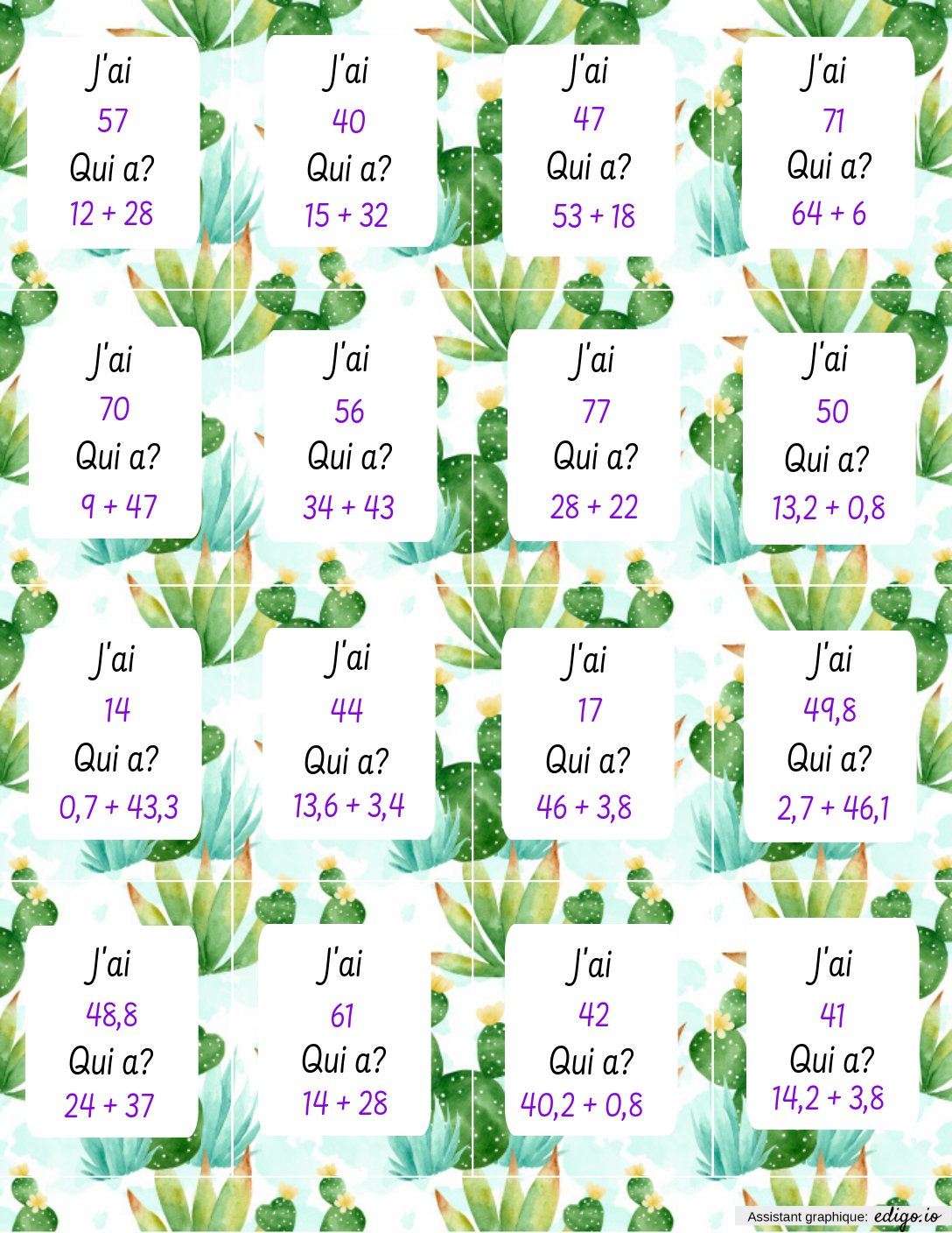 J'ai .... Qui a ..... ADDITION, 6e année, CM2, CM1, CE2, Arithmétique ...