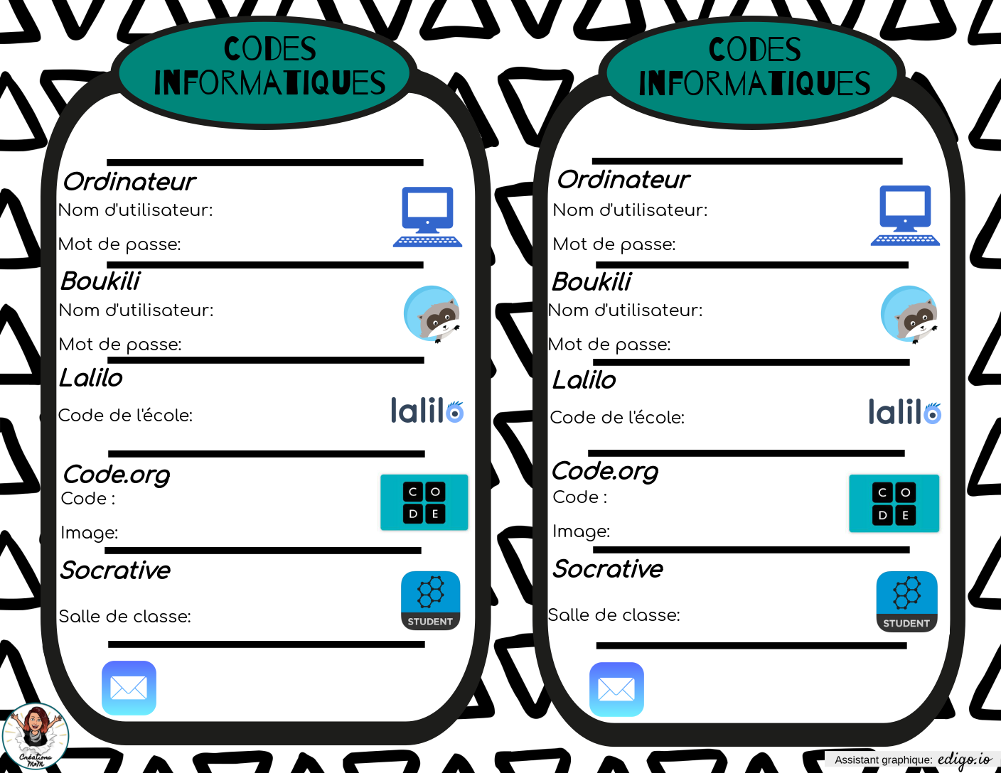 Codes informatiques élèves, 6e année, CM2, CM1, CE2, CE1, CP, MS et GS ...