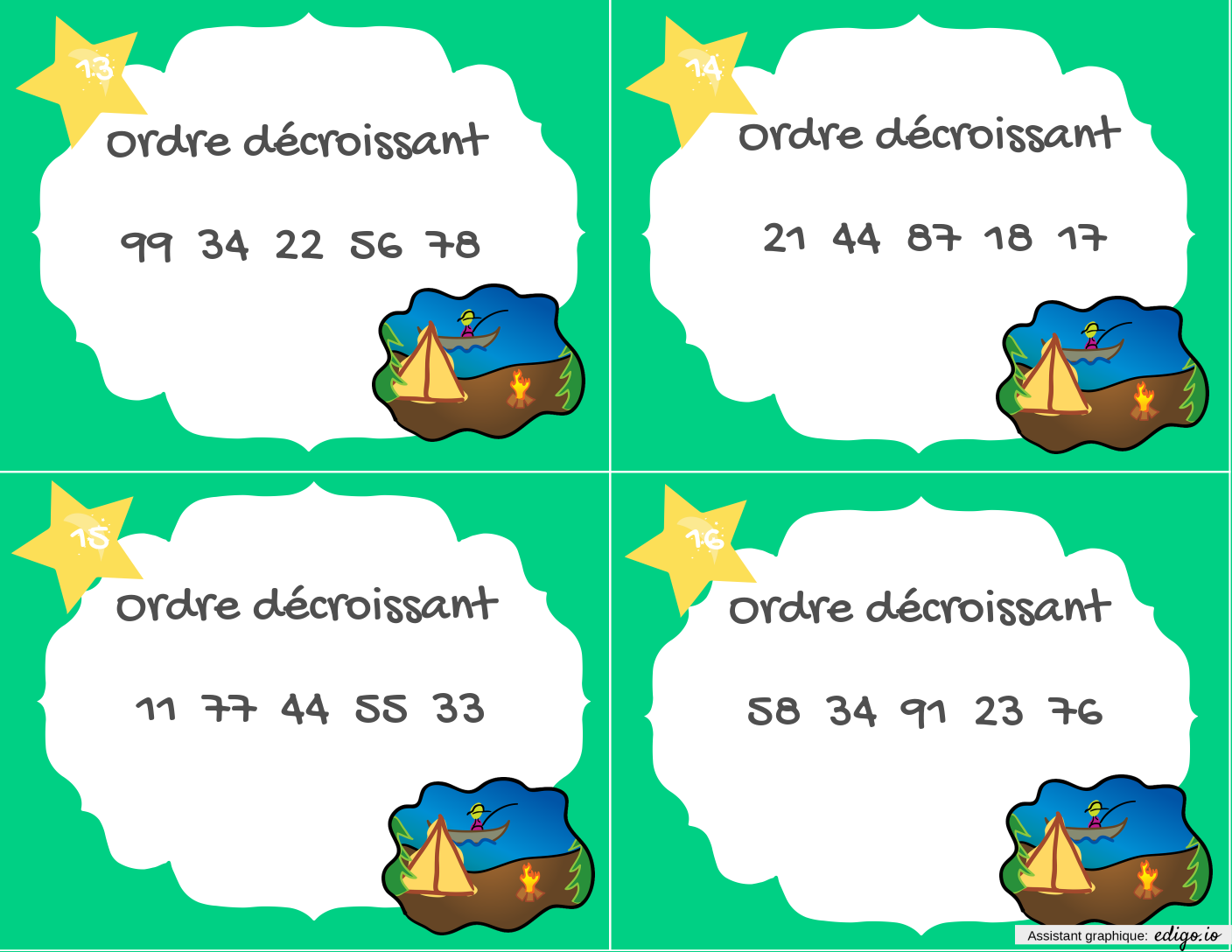 CAT - ordre décroissant, 1re année, Cartes à tâche, Arithmétique - Edigo