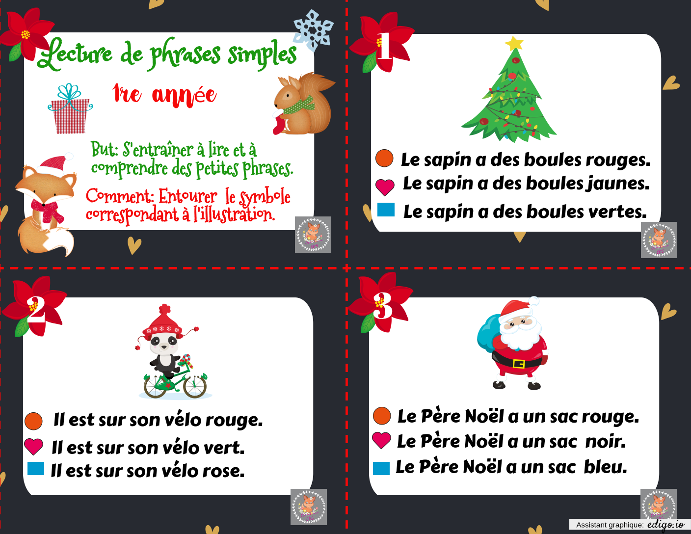 Phrases simples noel, 1re année, Cartes à tâche, Lecture - Edigo
