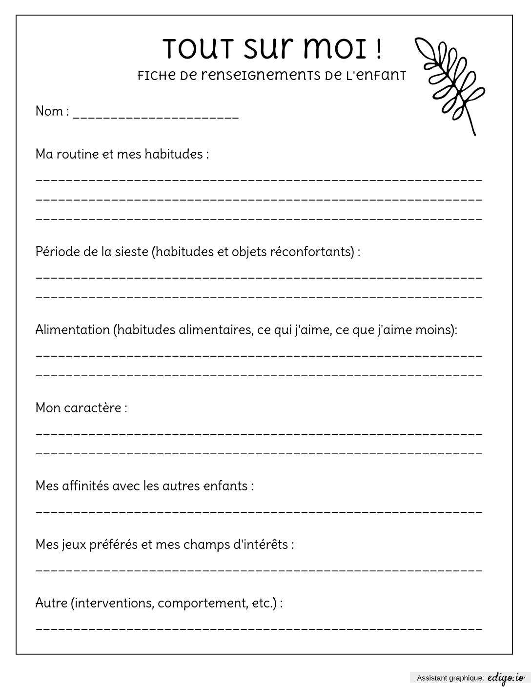 Fiche des renseignements de l'enfant, Kindergarten, Teaching tools - Edigo