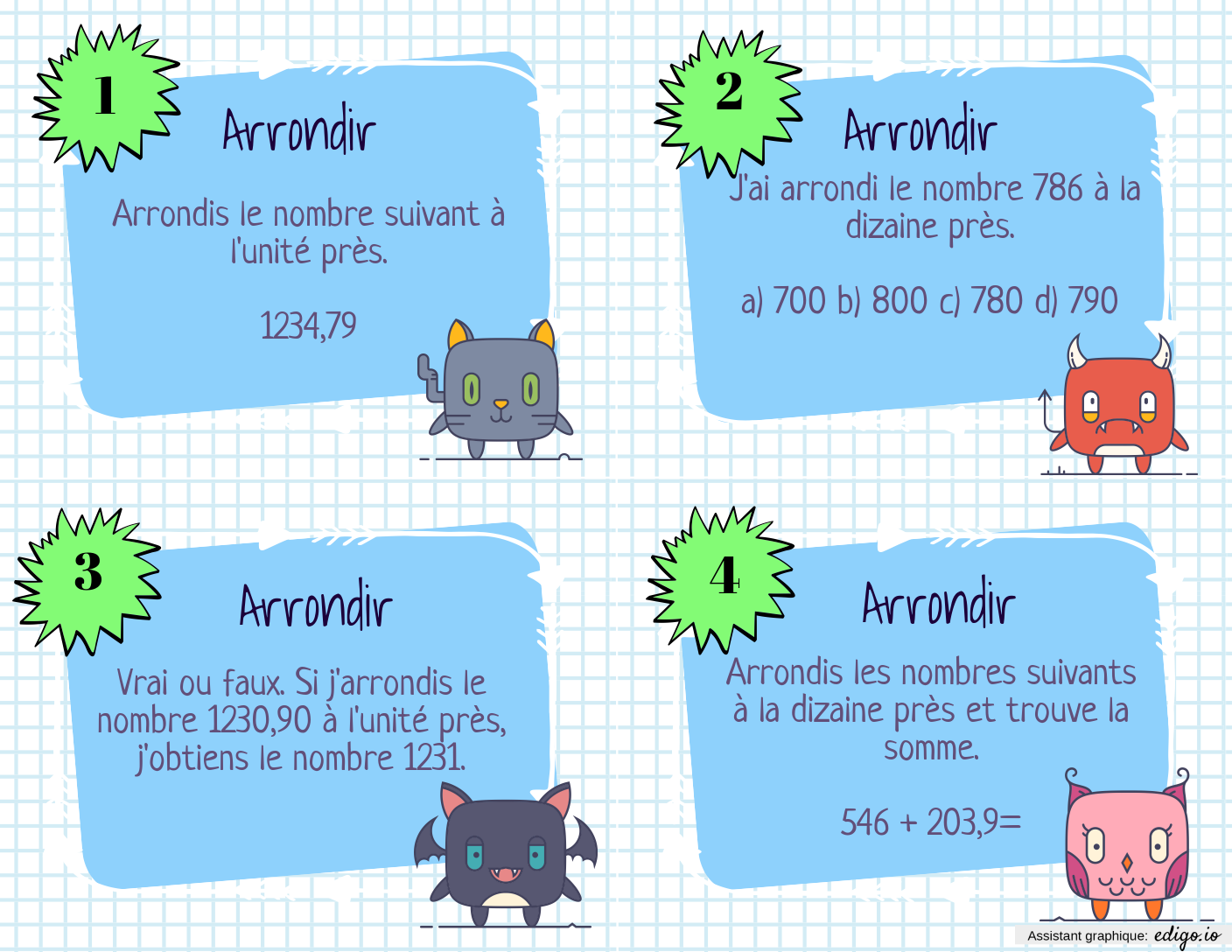 Arrondir, CM1, CE2, Cartes à tâche, Arithmétique - Edigo